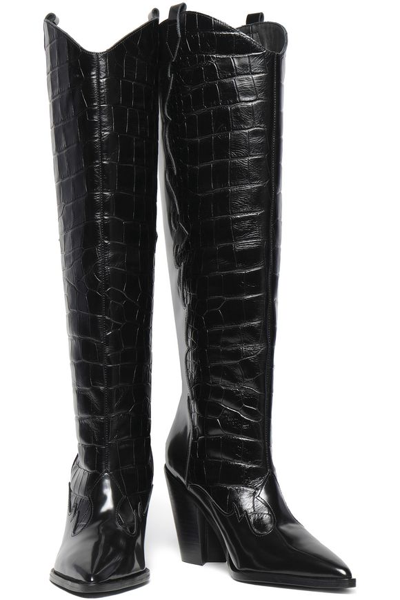 Karida glossed smooth and croc-effect leather knee boots | SIGERSON ...