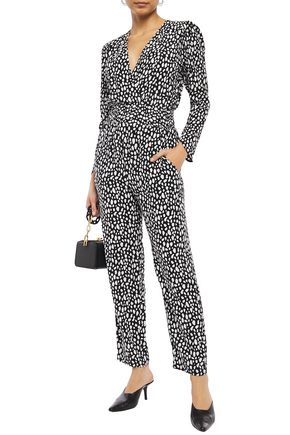 Maje Wrap-effect Shirred Leopard-print Crepe Jumpsuit In Black | ModeSens